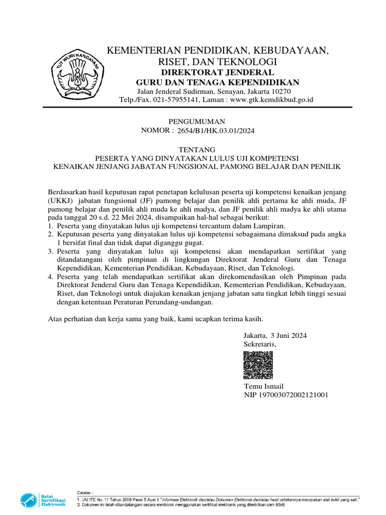 Pengumuman Kelulusan Uji Kompetensi Kenaikan Jenjang Jabatan Fungsional Pamong Belajar Dan ...