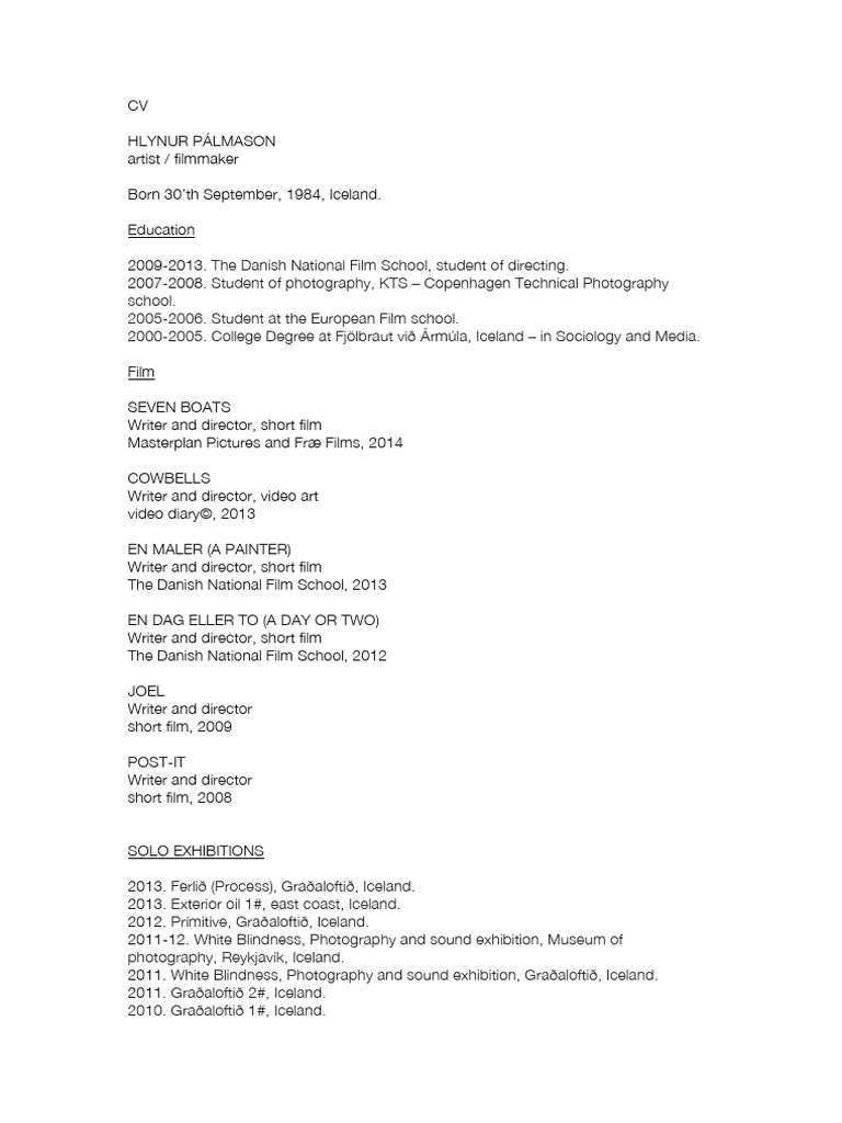 Hlynur Pálmason: Filmmaker & Artist CV | PDF | Iceland | The Arts