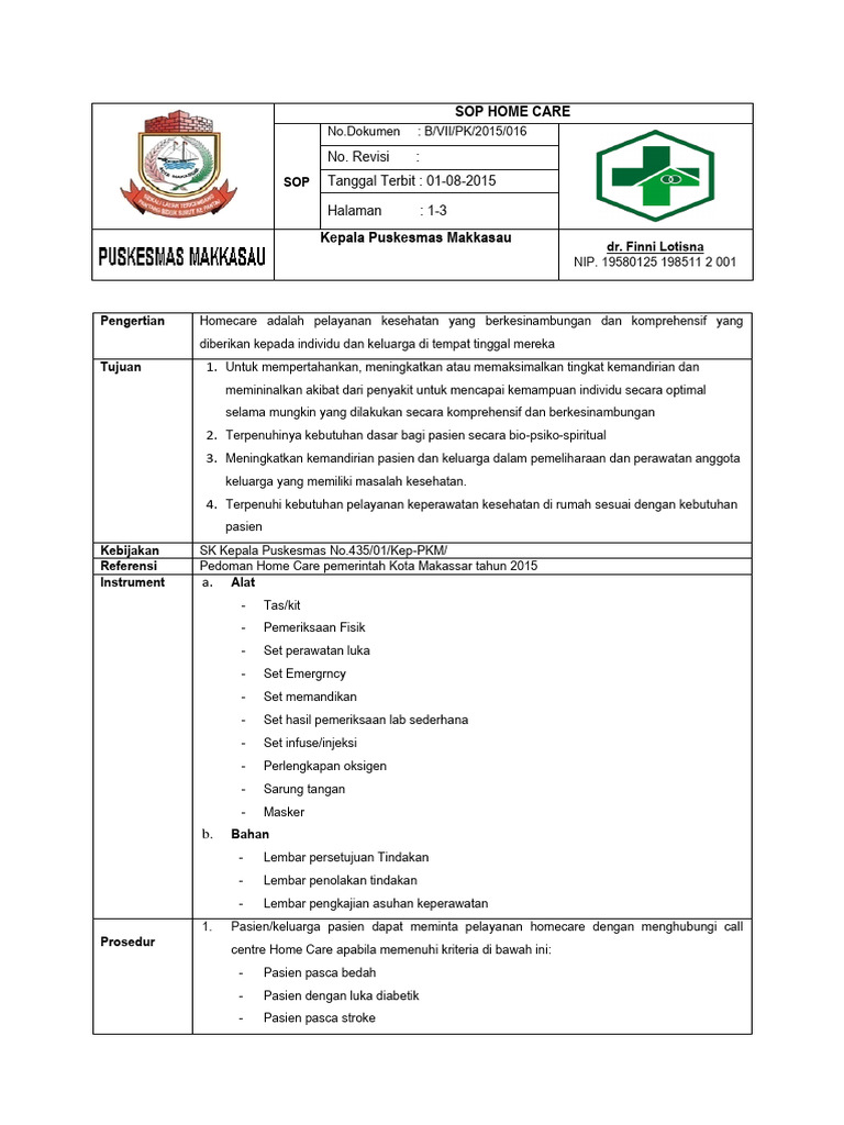 SOP Pelayanan Home Care Puskesmas | PDF