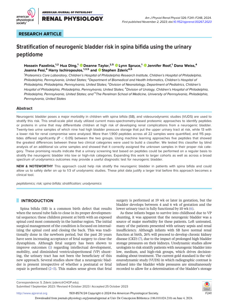 Fazelinia Et Al 2024 Stratification of Neurogenic Bladder Risk in Spina Bifida Using The Urinary ...
