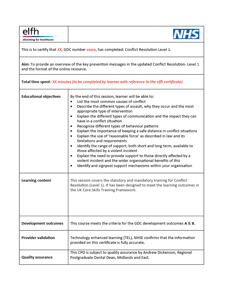 Confliction Resolution Level 1 CPD Form | PDF