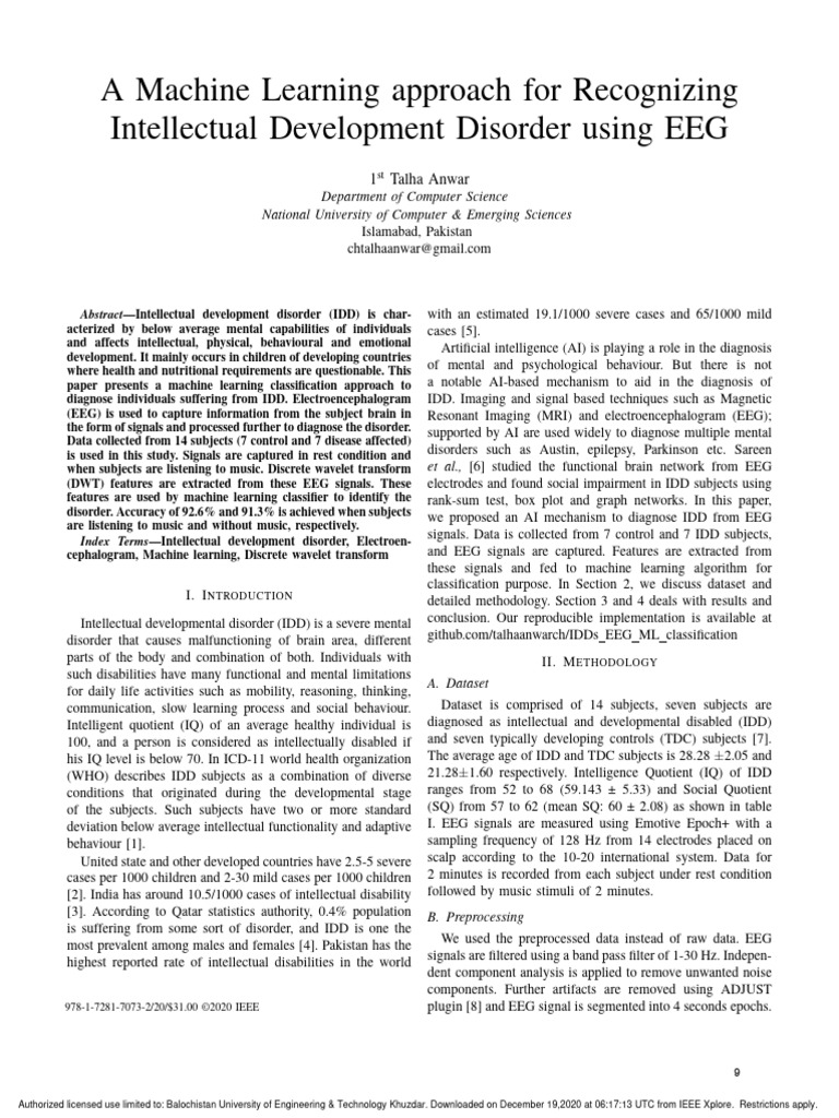 A Machine Learning Approach For Recognizing Intellectual Development Disorder Using EEG | PDF ...