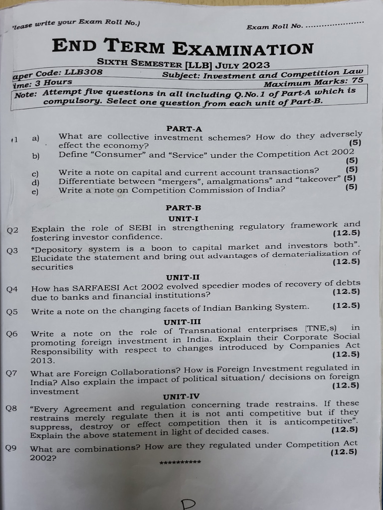 Investment & Competition Law Previous Year Question Papers | PDF
