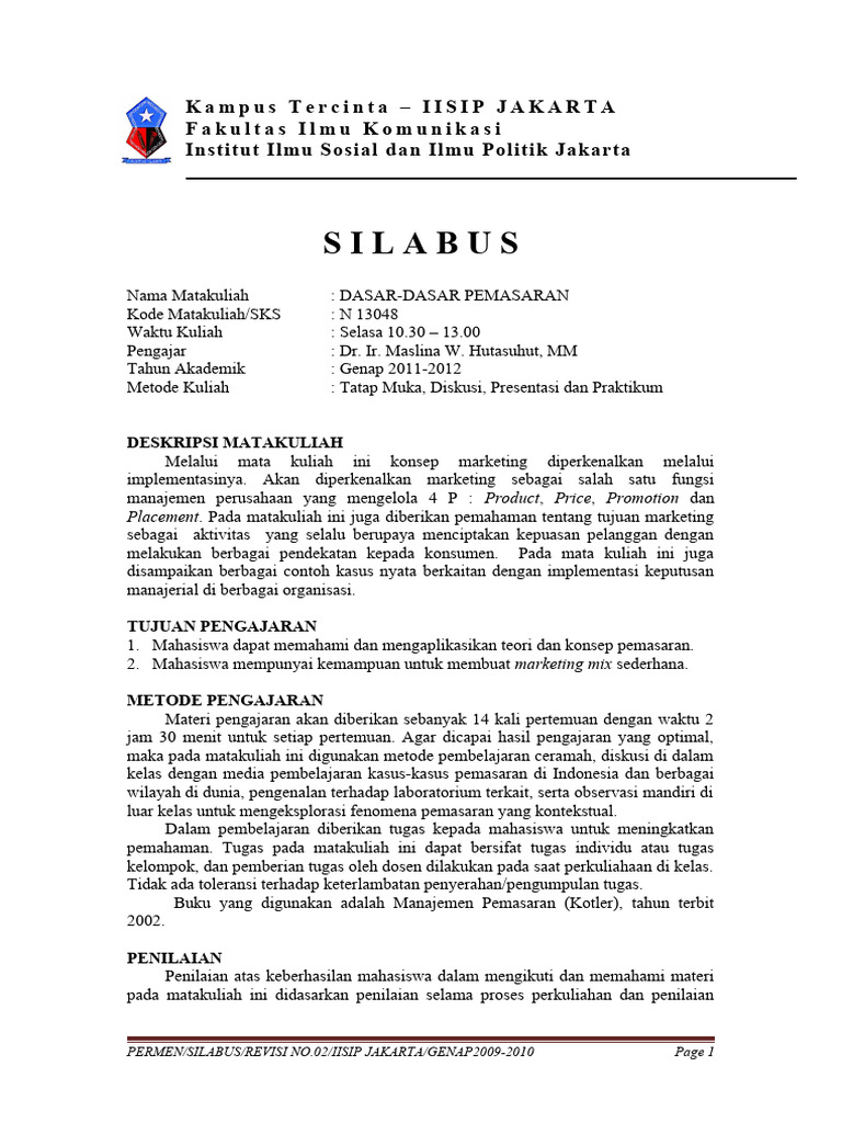 Silabus Dd Pemasaran D3 Pdf