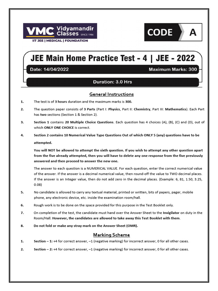 JEE Main Test Instructions and Format | PDF | Rotation | Magnetic Field