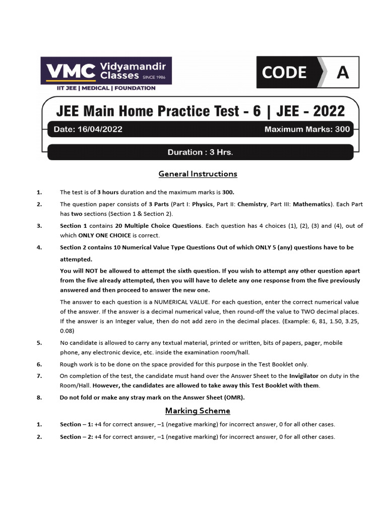 JEE Main Home Practice Test Instructions | PDF | Inductor | Capacitor