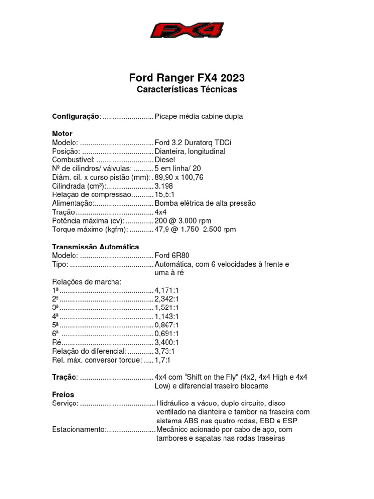 Torque e Especificações Ford Ranger V6 | PDF | Tração nas quatro rodas ...