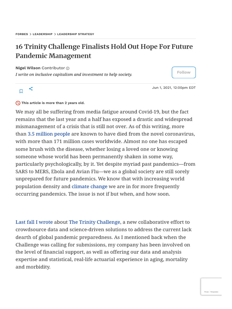 16 Trinity Challenge Finalists Hold Out Hope For Future Pandemic | PDF ...