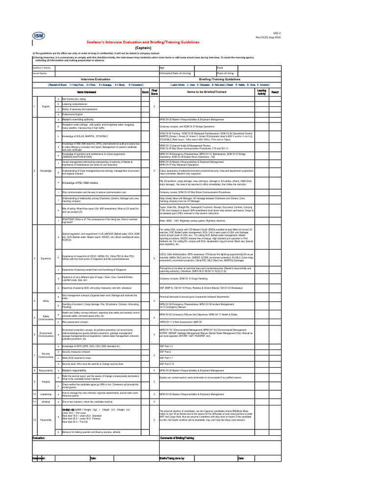 Seafarer's Interview Evaluation Guidelines | PDF