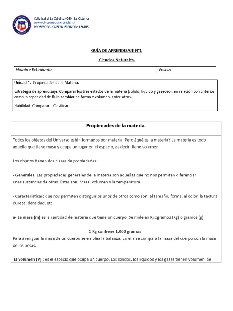 Propiedades de la Materia: Guía de Aprendizaje | PDF | Líquidos | Gases