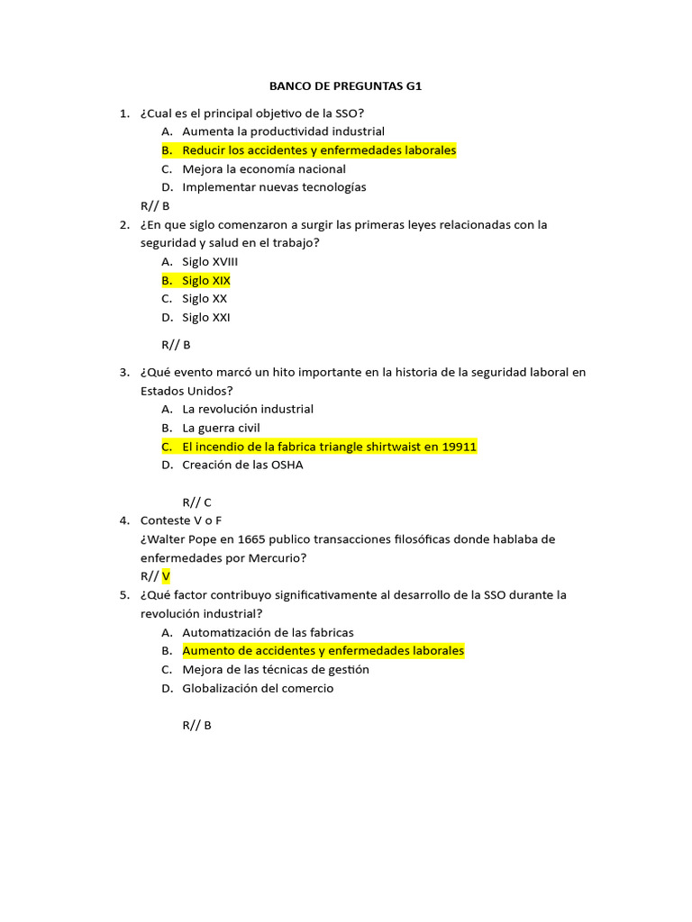 Banco de Preguntas de SSO | PDF | Seguridad y salud ocupacional | Lugar ...