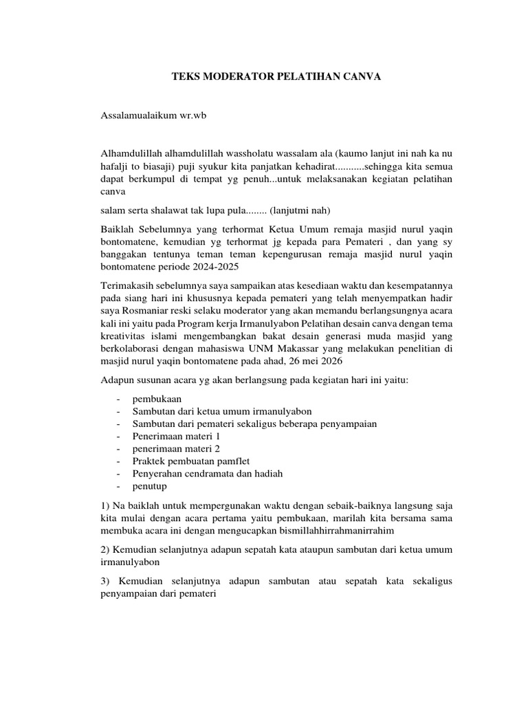 Teks Moderator Pelatihan Canva | PDF | Karier & Perkembangan | Ilmu Sosial