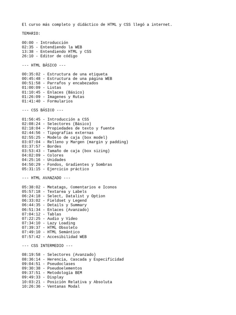 Curso HTML y CSS Completo Con Dalto - Temario | PDF | HTML | Informática