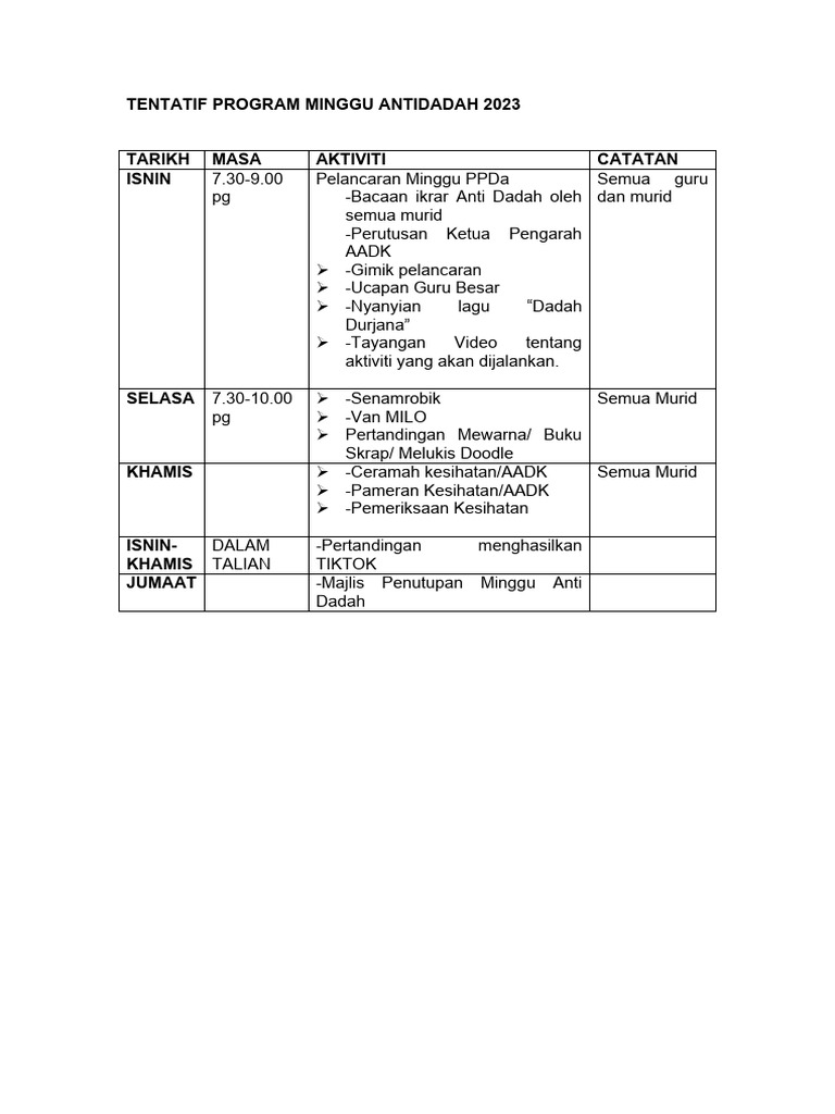 Tentatif Program Minggu Aadk | PDF Tentatif Program Minggu Aadk | PDF