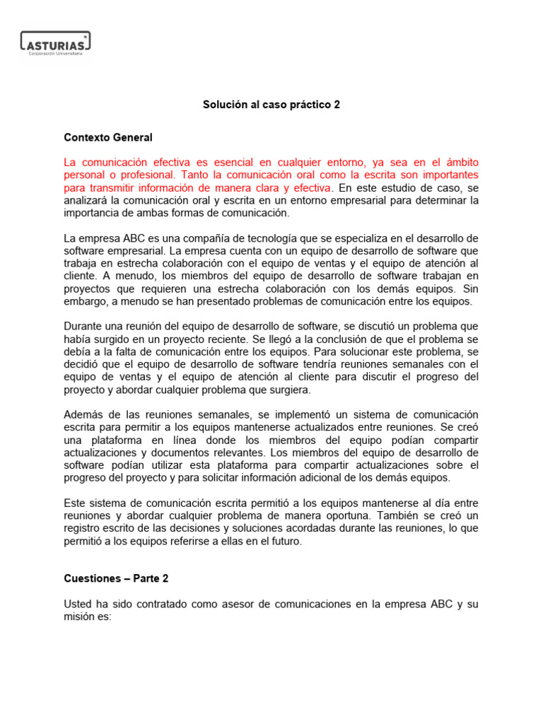 RESPUESTA CASO PRACTICO UNIDAD 2_Comunicación Oral y Escrita | PDF ...