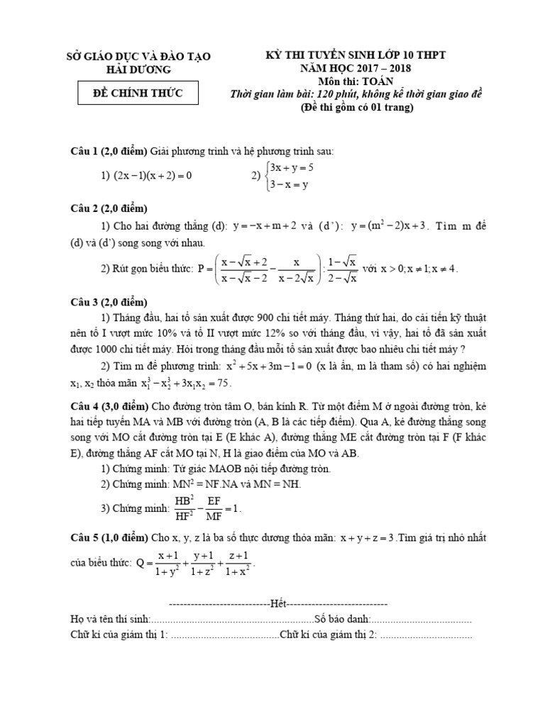 De Thi Tuyen Sinh Lop 10 THPT Nam Hoc 2017 2018 Mon Toan So GD Va DT Hai Duong | PDF