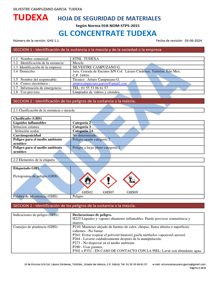 Hoja de Seguridad TUDEXA GHS 1.1 | PDF | Agua | Combustión