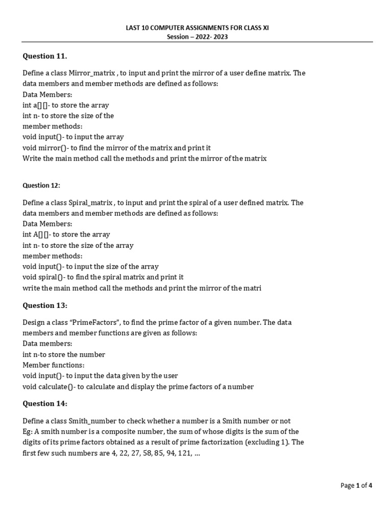 Last 10 Computer Assignments For Class Xi Sxi Pdf Method Computer Programming Programming