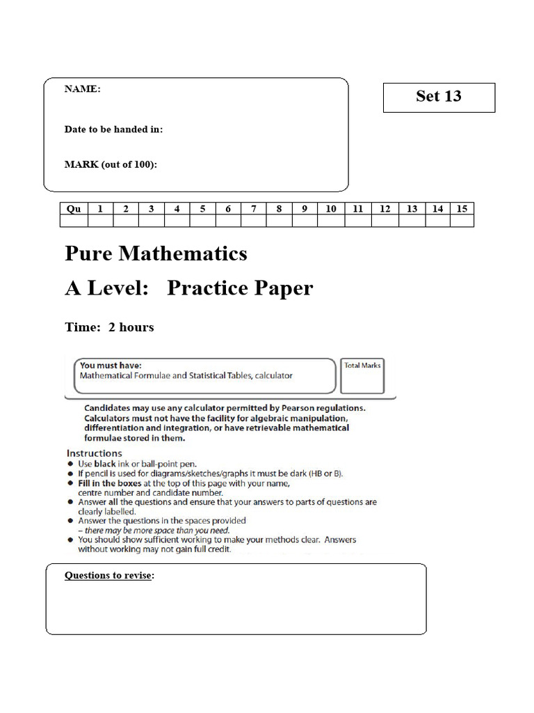 9MA0 01 9MA0 02 A Level Pure Mathematics Practice Set 13 | PDF ...