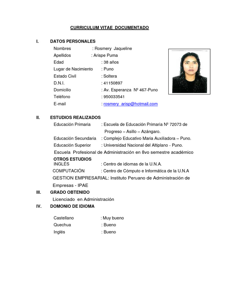 Curriculum Vitae Documentado: Escuela Profesional de Administración en 8vo Semestre Académico | PDF