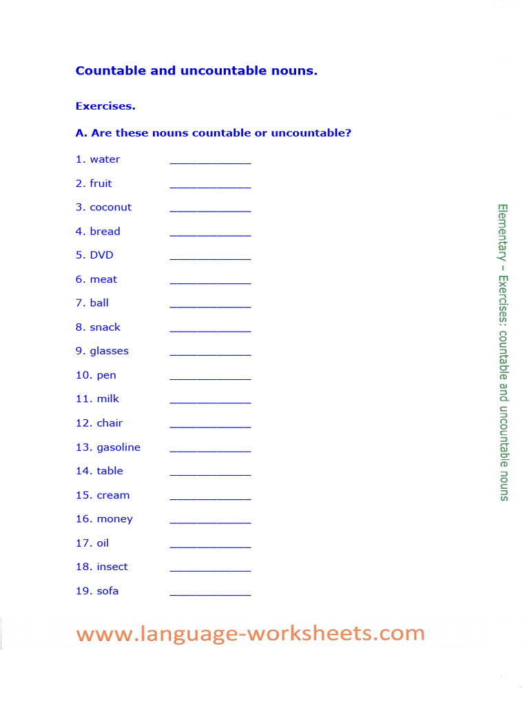 Exercises. A. Are These Nouns Countable or Uncountable? | PDF | Foods