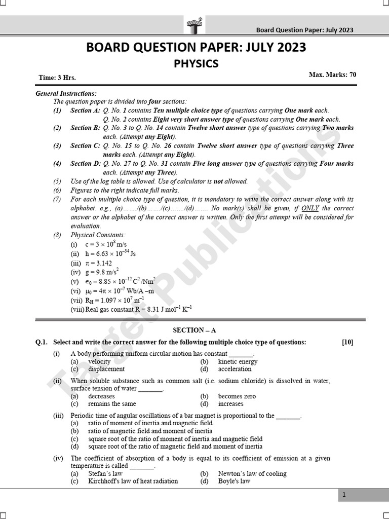 Physics Board Question Paper July 2023 - 64bb959342345 | PDF | Inductance | Diffraction