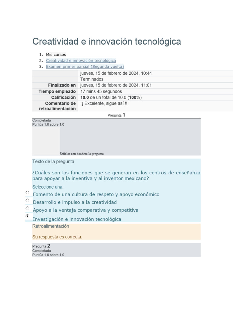 Creatividad e Innovación Tecnológica Examen Primer Parcial (Segunda Vuelta) | PDF ...