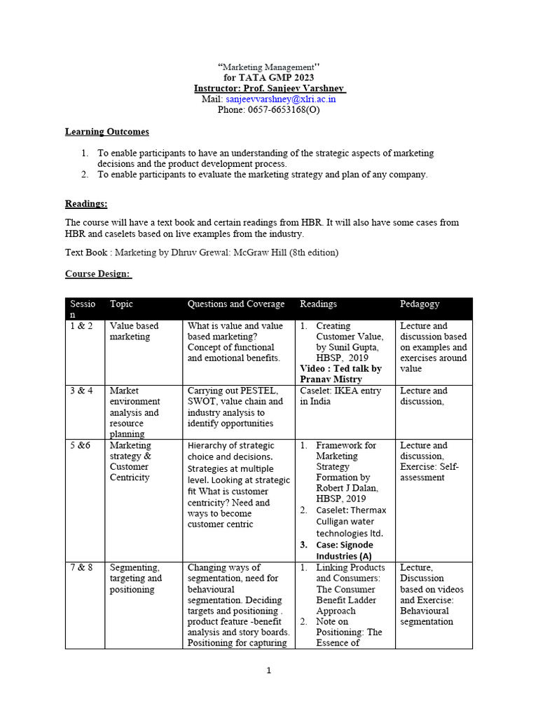 Course Outline Tata GMP - 2023 | PDF | Marketing | Market Segmentation