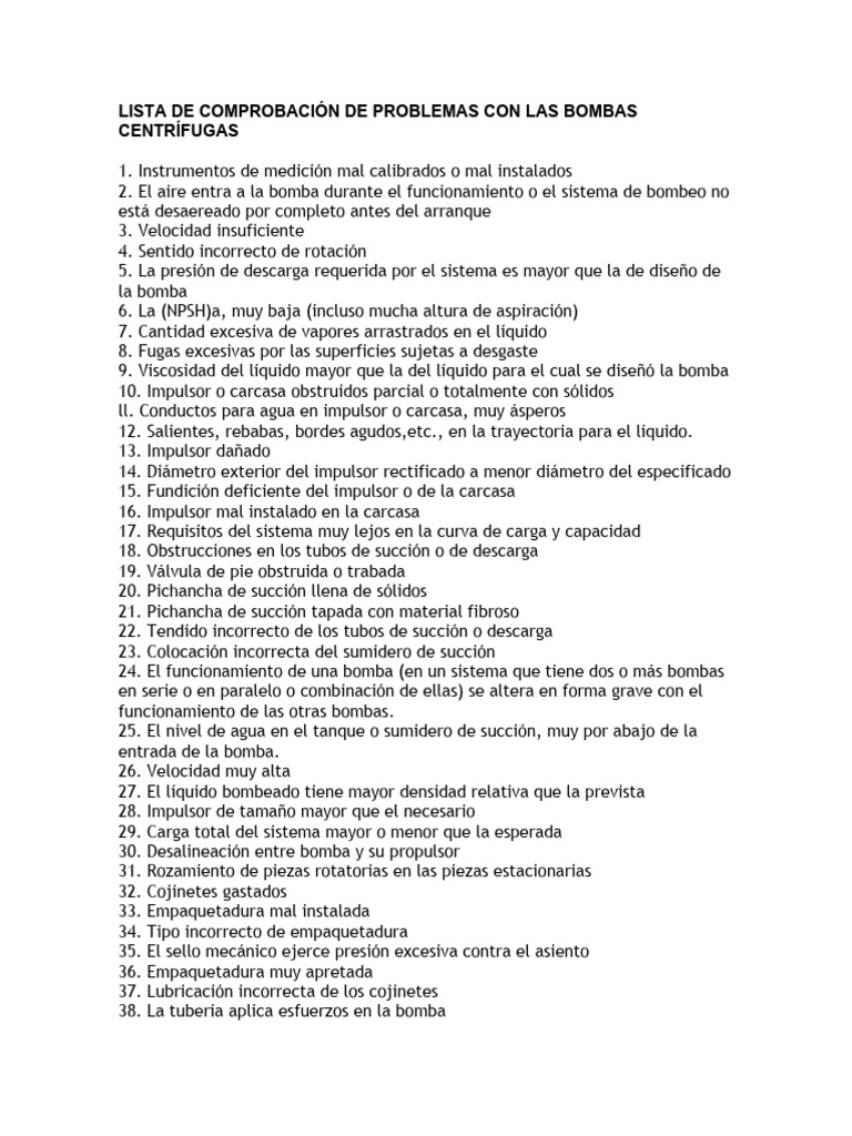 Lista de Comprobación de Problemas Con Las Bombas Centrífugas | PDF | Bomba | Rodamiento (Mecánico)