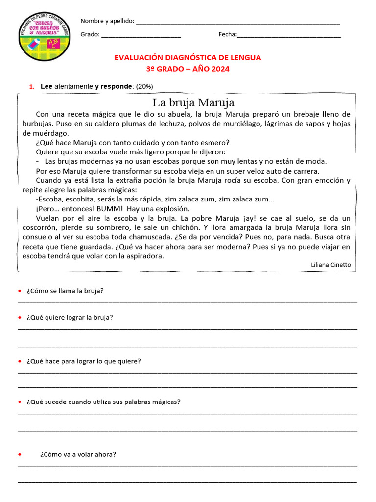 Evaluación Diagnóstica Lengua 3º Grado 2024 | PDF