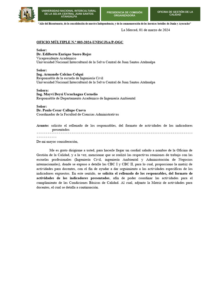 Oficio Multiple #003 - 2024-Ogc-P-Unisja | PDF