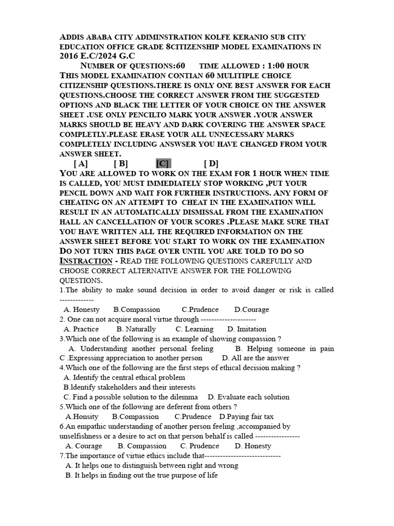 Grade 8 Citizenship Model Exam 2024 | PDF | Constitution | Thought