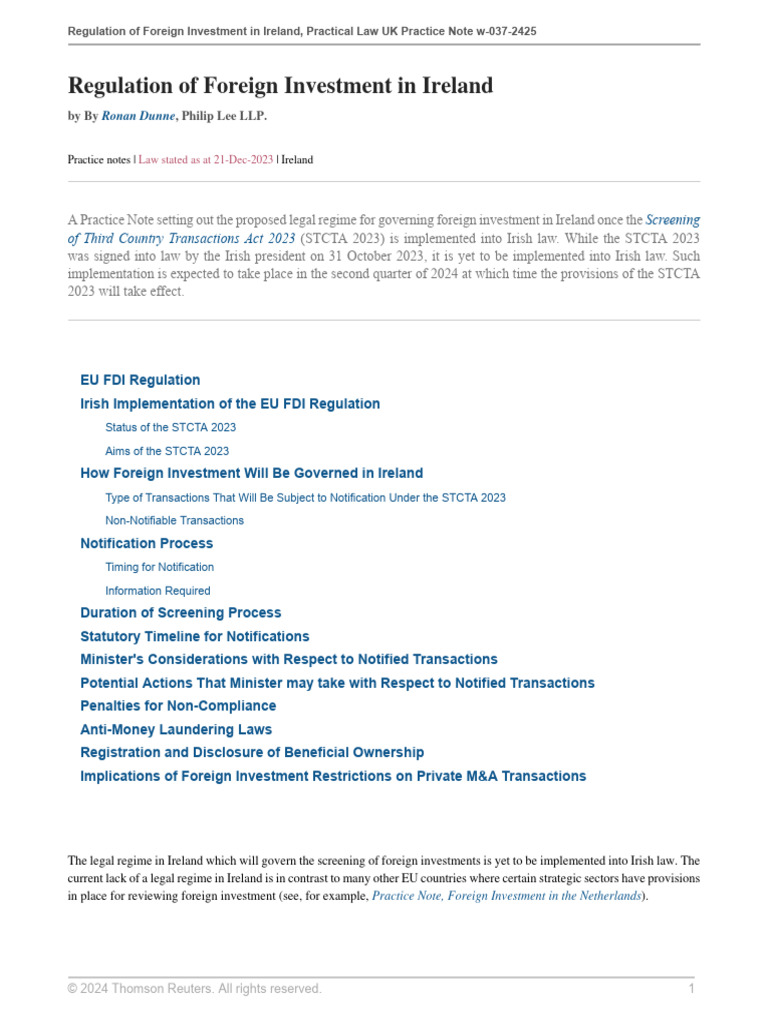 Regulation of Foreign Investment in Ireland | PDF | Foreign Direct ...