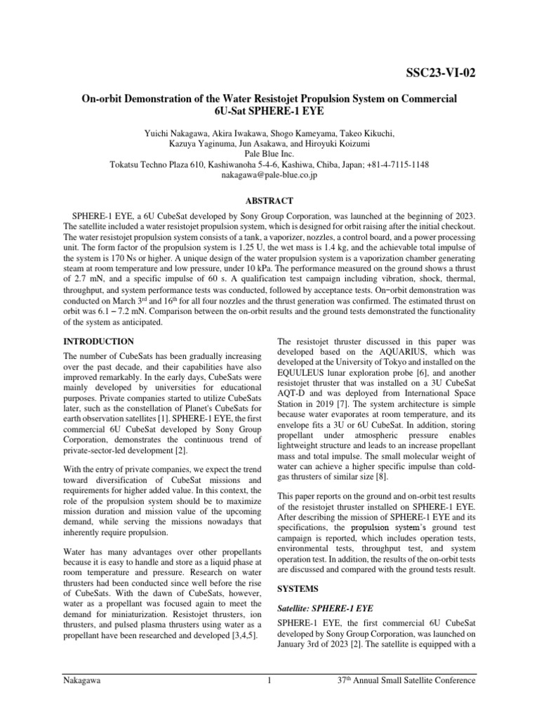 On-Orbit Demonstration of The Water Resistojet Propulsion System | PDF | Spacecraft Propulsion ...