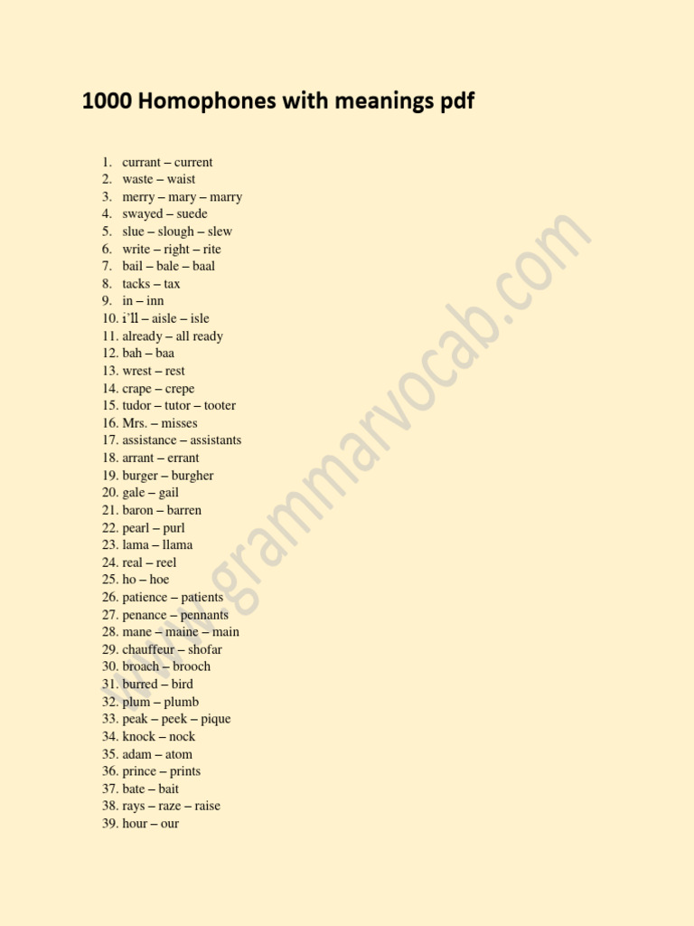 1000 Homophones With Meanings PDF | PDF