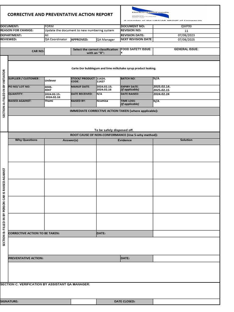 Corrective Action Template | PDF