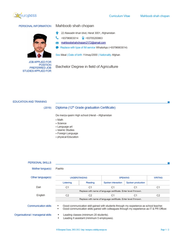 Europass CV Mahboob Shah | PDF | Afghanistan