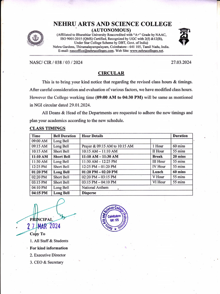 Staff Circular - College Working Time-27.03.2024 | PDF
