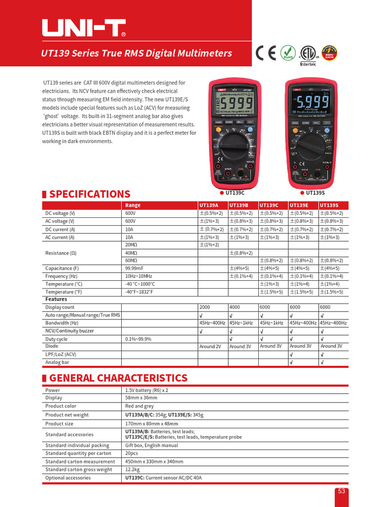 Specifications: UT139 Series True RMS Digital Multimeters | PDF | Electrical Engineering ...