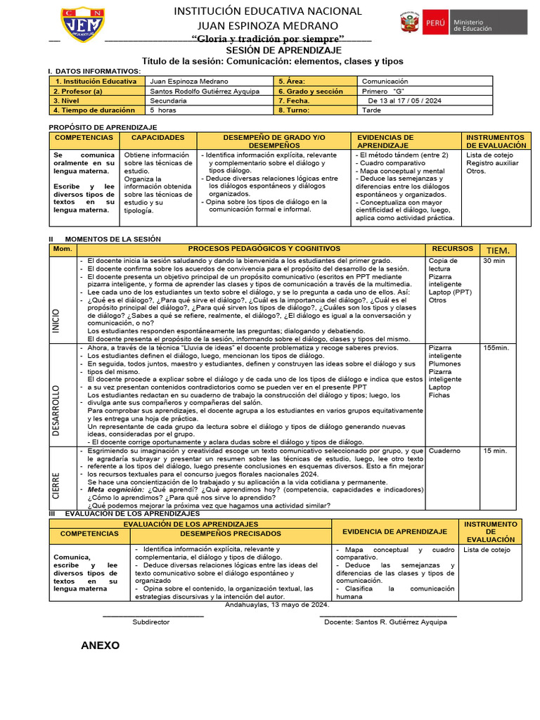 SESIÓN DE APRENDIZAJE Diólogo-1° - JEM 2024 | PDF | Evaluación | Aprendizaje