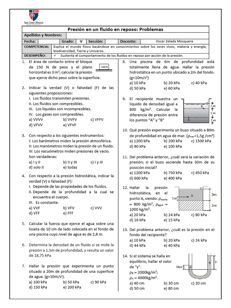PAAS 24_Presión hidrostática_Problemas-1.docx | Descargar gratis PDF | Presión | Pascal (Unidad)