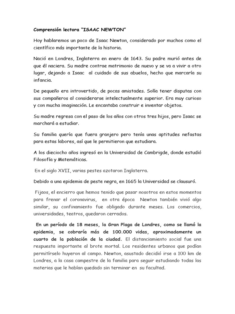 Comprensión Lectora ISAAC NEWTON - 1 | PDF | Fuerza | Gravedad