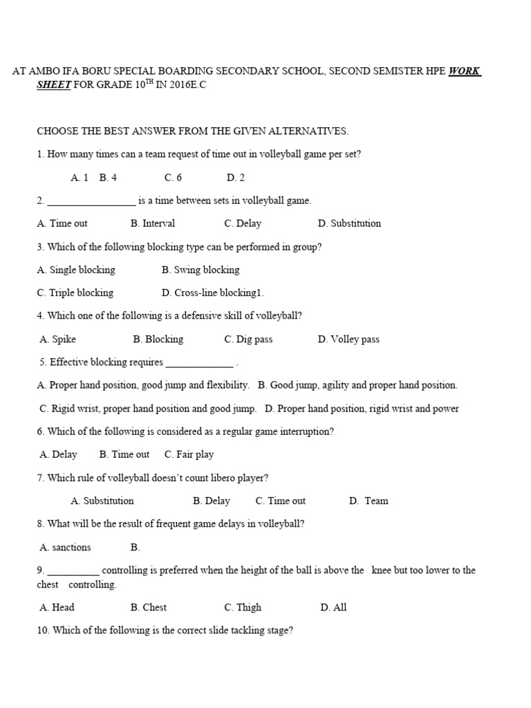 Grade 10 HPE Worksheet 2016: Volleyball, Football, Basketball, Handball ...