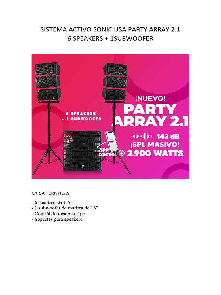 SISTEMA ACTIVO SONIC USA PARTY ARRAY 2 CARACTERSITICAS | PDF