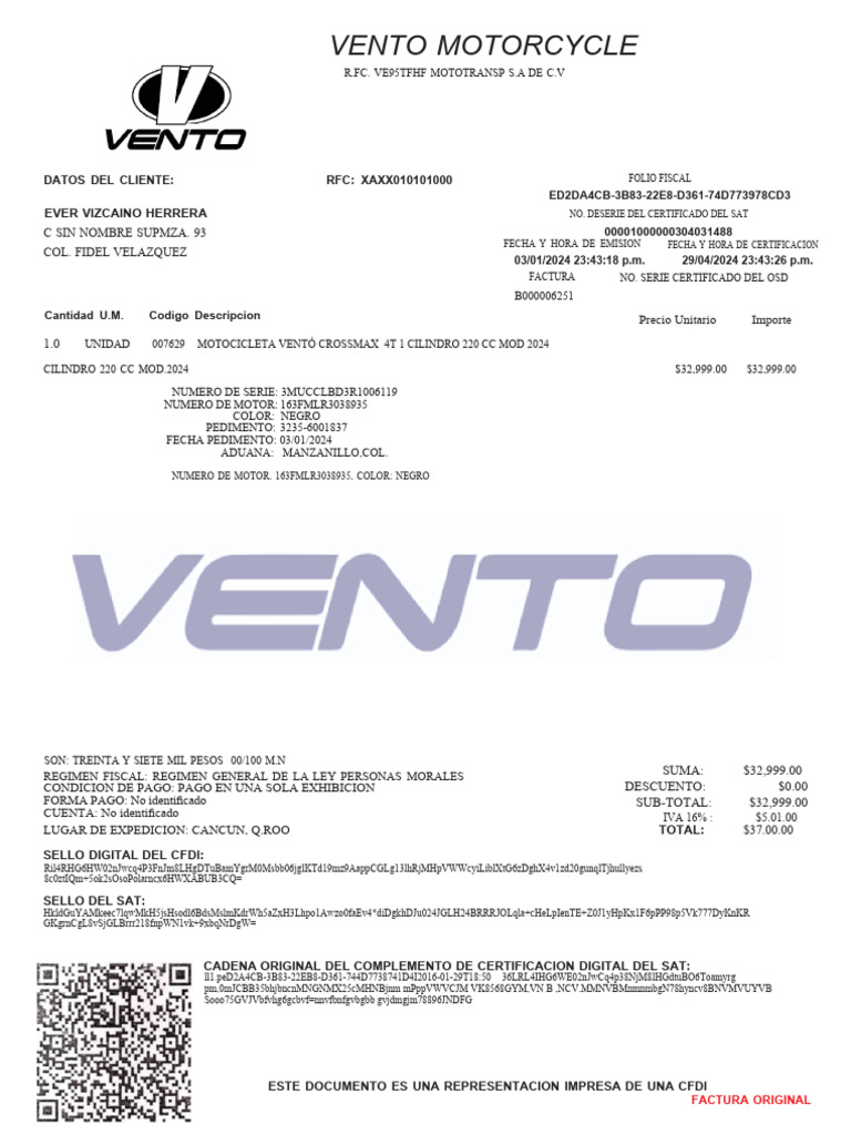 Factura Original Moto Vento Crossmax 220 | PDF