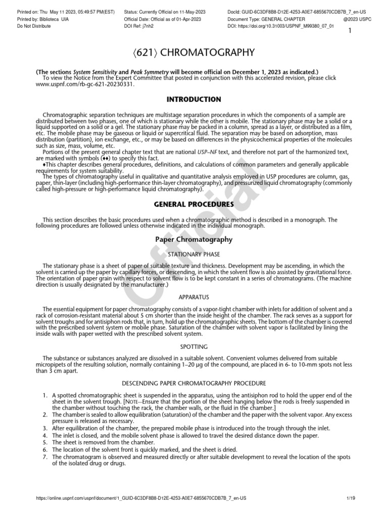 USP - 621 - Capítulo General de Cromatografía | PDF | Chromatography | Thin Layer Chromatography