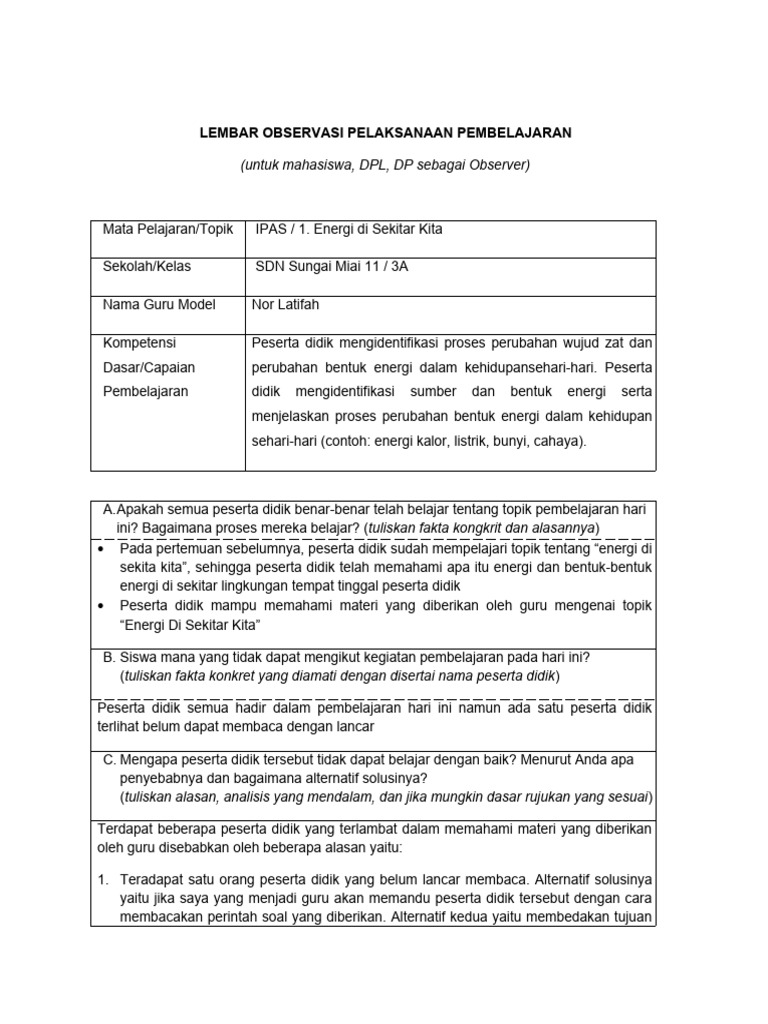 01.05.6-B4-5 Unggah LK 4 - Lembar Observasi Pembelajaran - Siklus 1-SISKA LEFHEYA | PDF