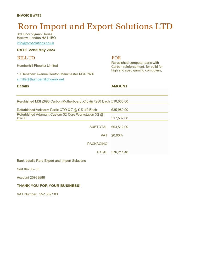 Invoice 793 RORO IMPORT & EXPORT | PDF
