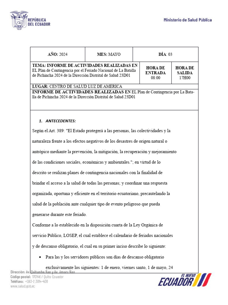 Informe Contingencia Salud Pichincha | PDF