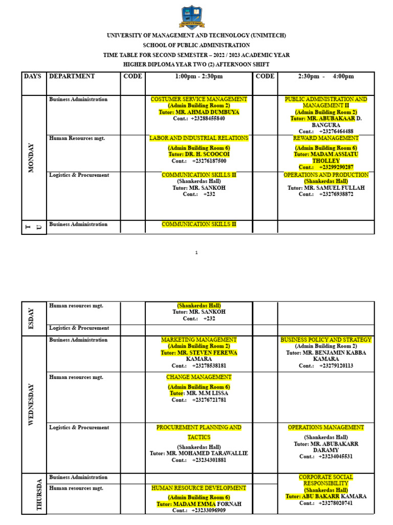 UNIMTECH 2022/23 Semester 2 Timetable | PDF | Employment | Business Process